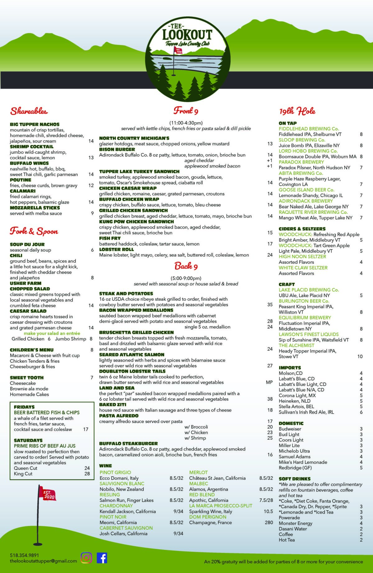 The Lookout Menu for Print - Tupper Lake Golf Course
