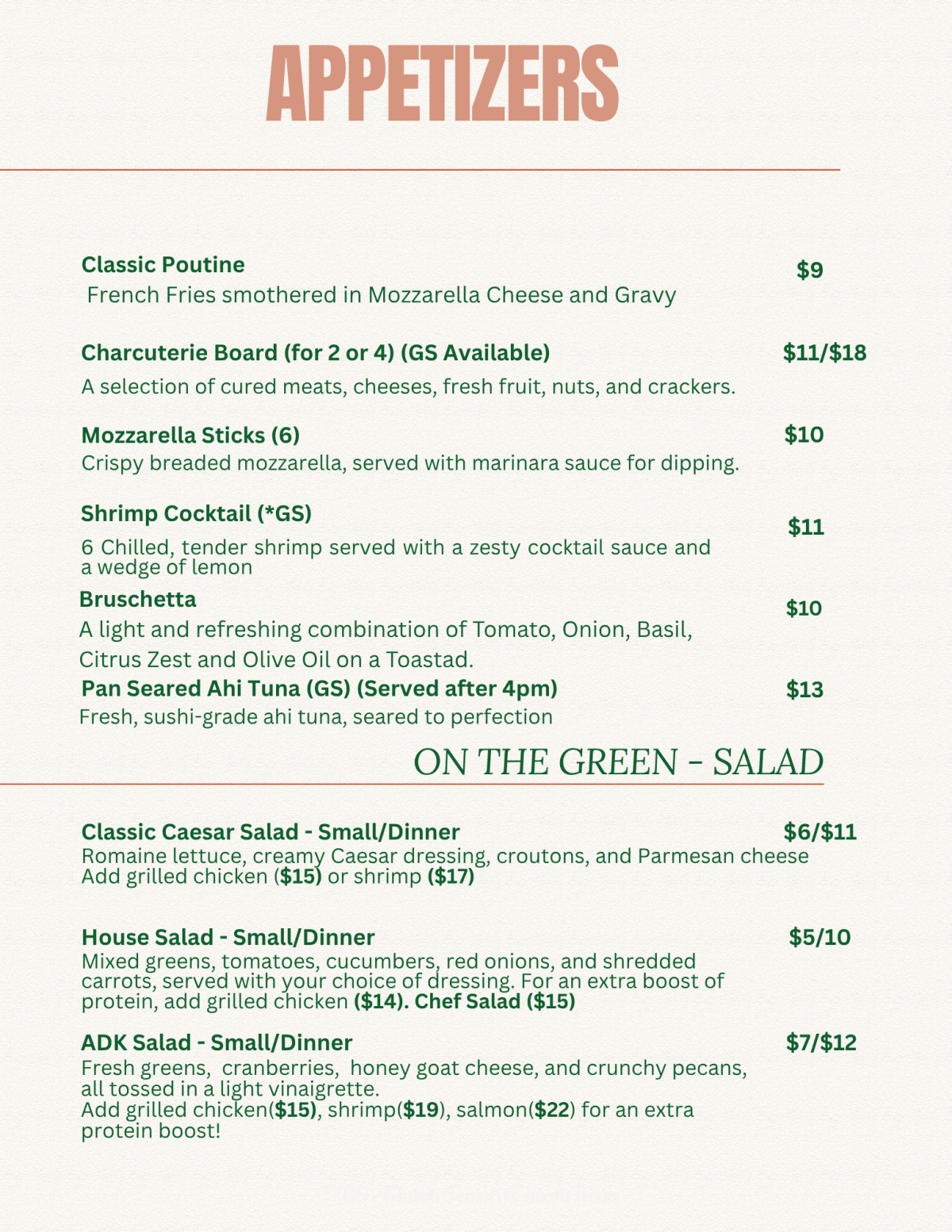 restuarant menu page - Tupper Lake Golf Course